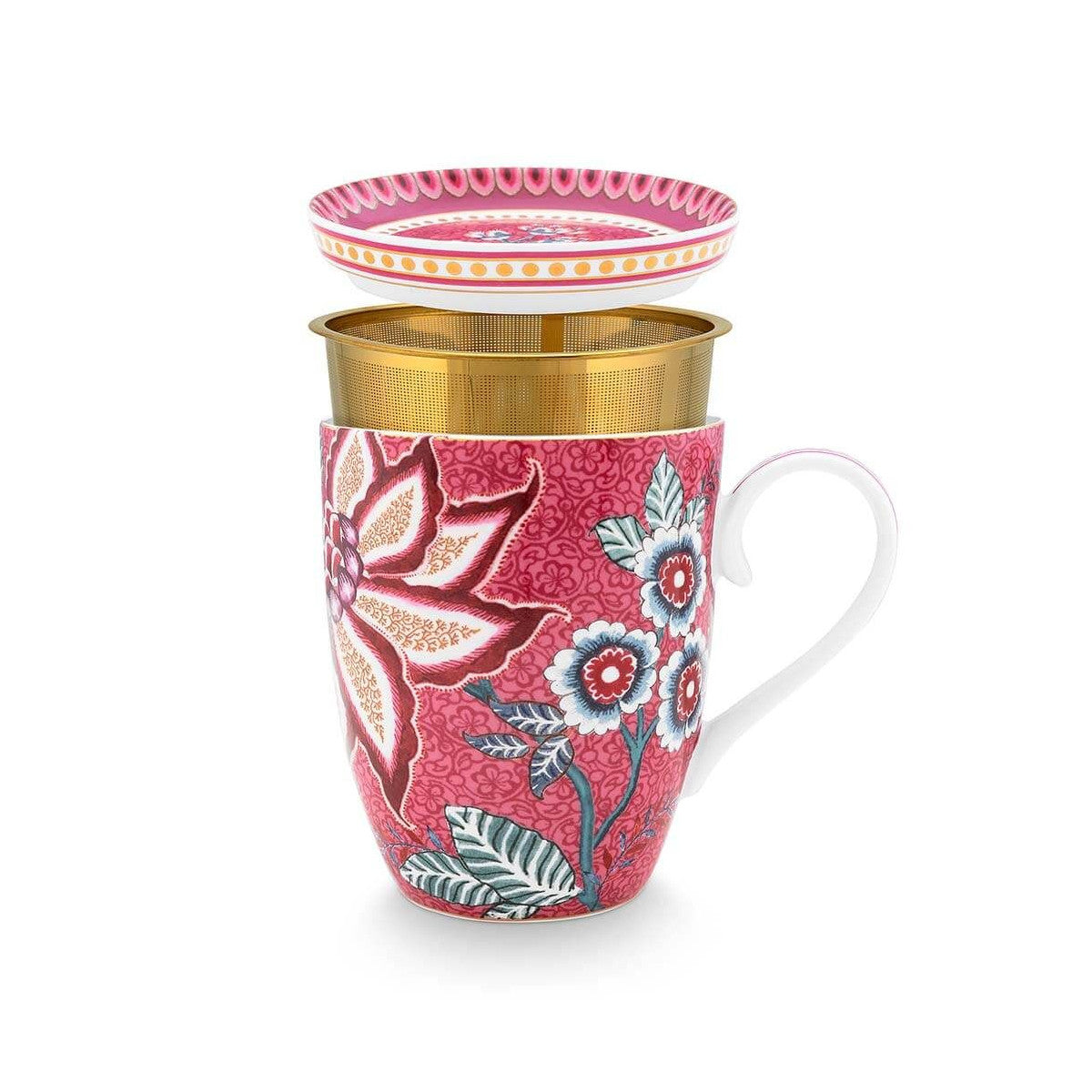 Taza de té con filtro y tapa Flower Festival Rosa – Idalyart
