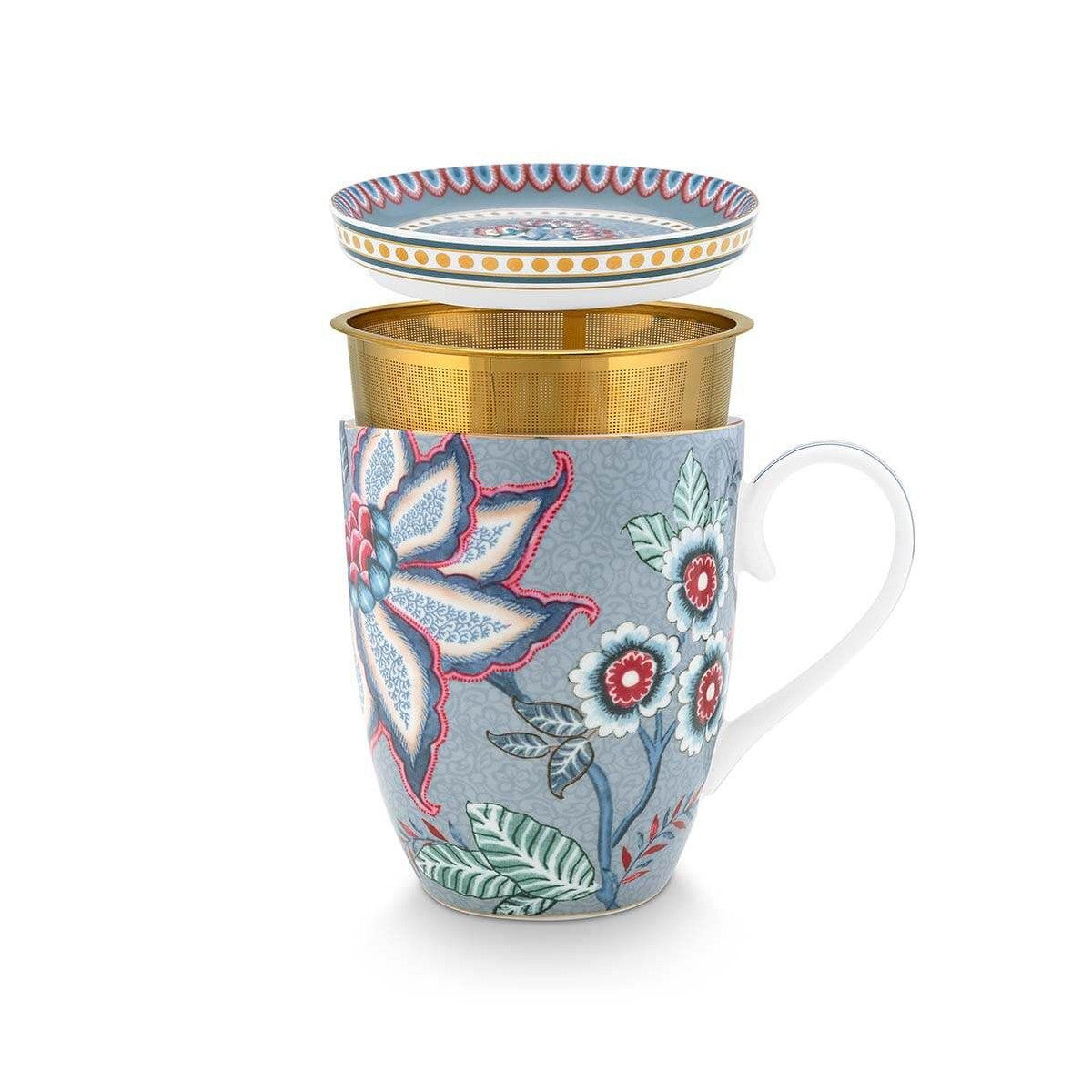 Taza de té con filtro y tapa Flower Festival Azul – Idalyart